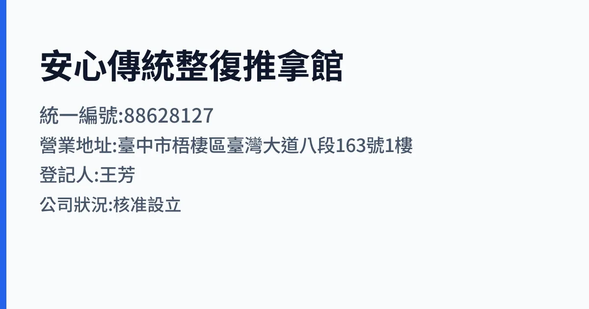 安心傳統整復推拿館 - 統編 88628127(臺中市) 公司登記資料與營業項目詳細圖表