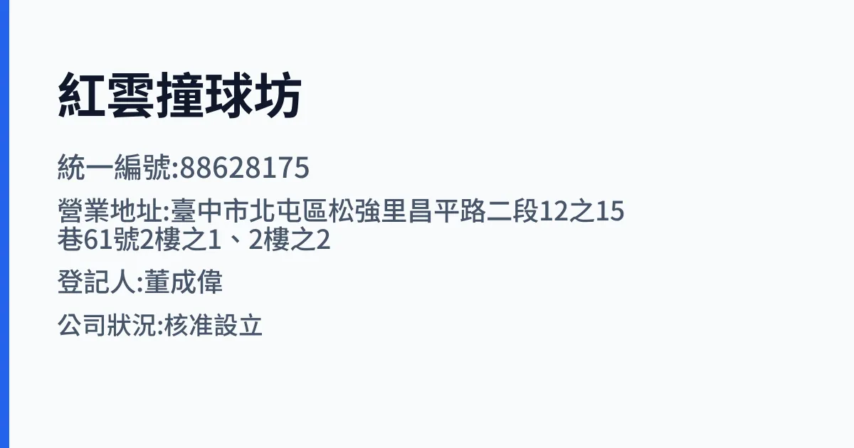 紅雲撞球坊 - 統編 88628175(臺中市) 公司登記資料與營業項目詳細圖表
