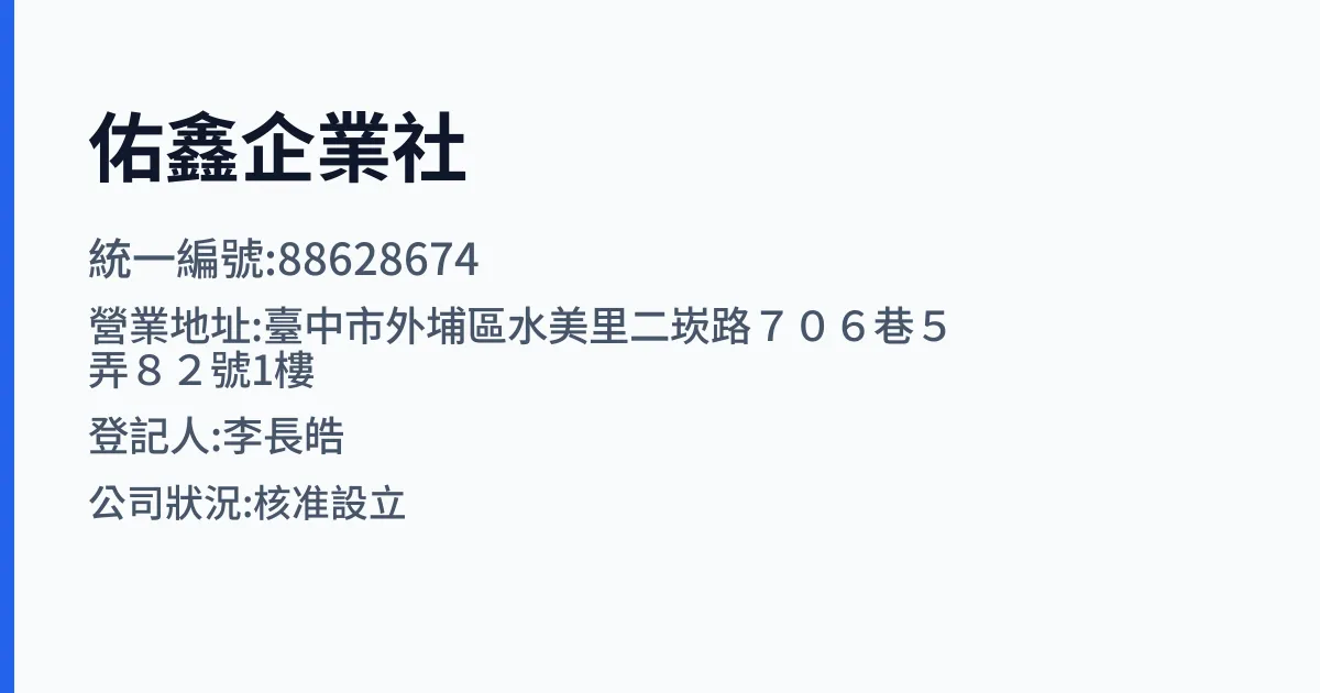佑鑫企業社 - 統編 88628674(臺中市) 公司登記資料與營業項目詳細圖表