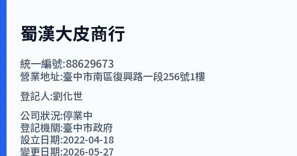 蜀漢大皮商行的照片-統編 88629673(臺中市) 公司登記資料與營業項目詳細圖表