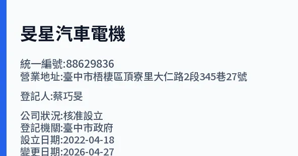 旻星汽車電機的照片-統編 88629836(臺中市) 公司登記資料與營業項目詳細圖表