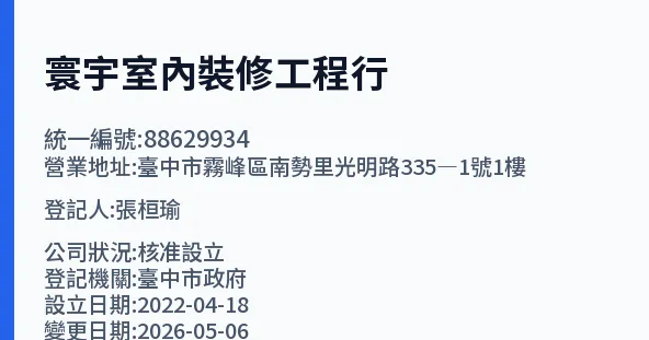 寰宇室內裝修工程行的照片-統編 88629934(臺中市) 公司登記資料與營業項目詳細圖表