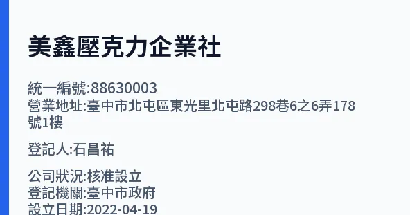 美鑫壓克力企業社的照片-統編 88630003(臺中市) 公司登記資料與營業項目詳細圖表