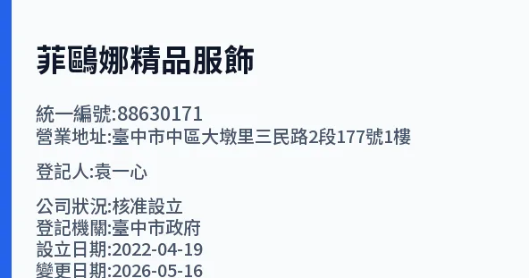 菲鷗娜精品服飾的照片-統編 88630171(臺中市) 公司登記資料與營業項目詳細圖表