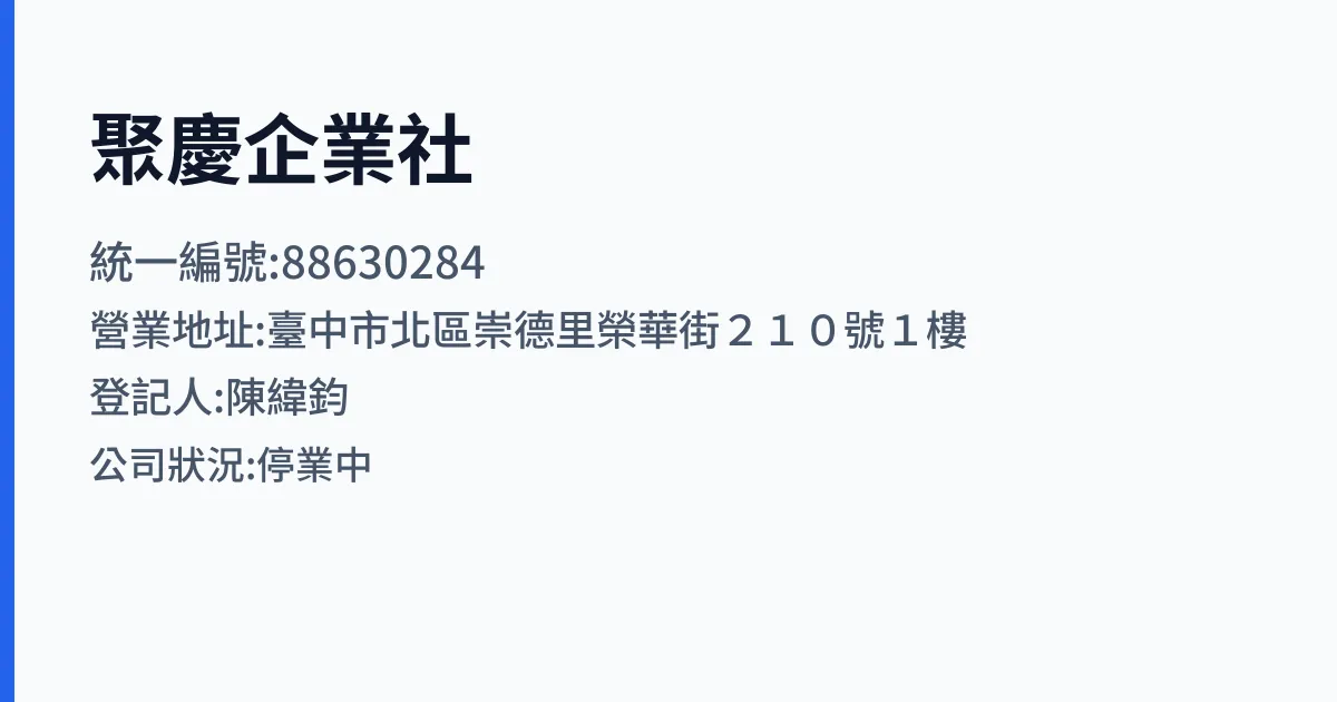聚慶企業社 - 統編 88630284(臺中市) 公司登記資料與營業項目詳細圖表