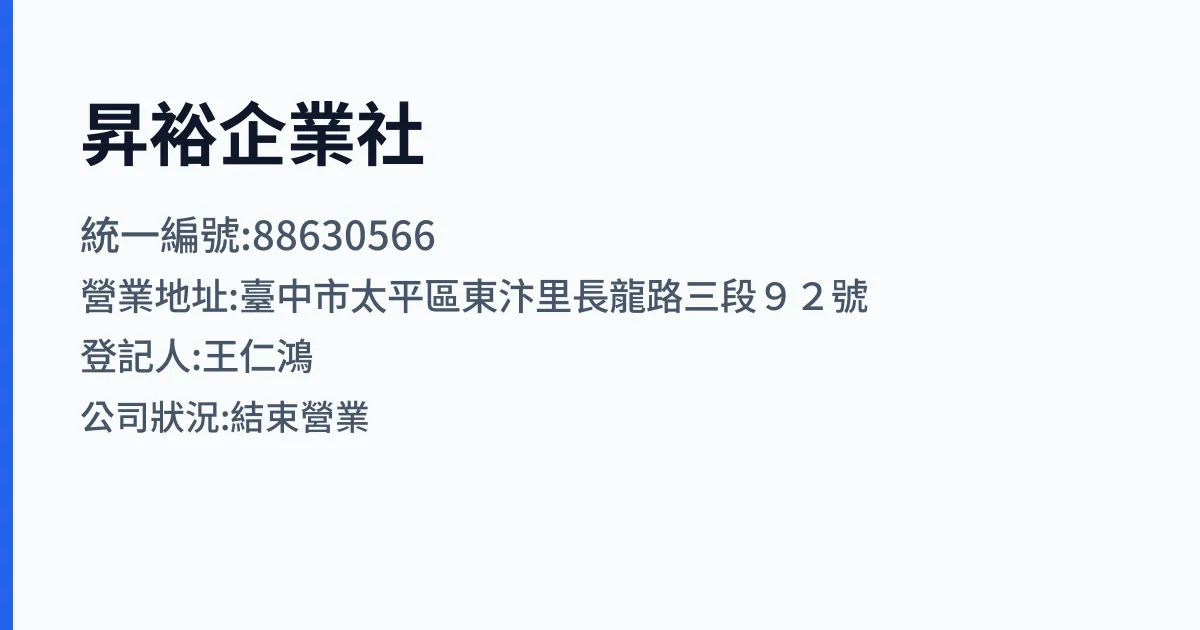 昇裕企業社 - 統編 88630566(臺中市) 公司登記資料與營業項目詳細圖表