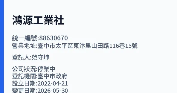 鴻源工業社的照片-統編 88630670(臺中市) 公司登記資料與營業項目詳細圖表