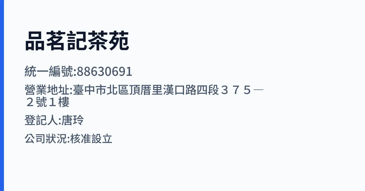 品茗記茶苑 - 統編 88630691(臺中市) 公司登記資料與營業項目詳細圖表