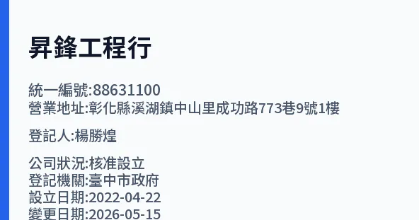 昇鋒工程行的照片-統編 88631100(彰化縣) 公司登記資料與營業項目詳細圖表