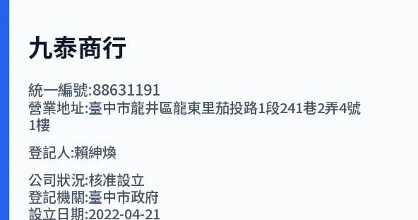 九泰商行的照片-統編 88631191(臺中市) 公司登記資料與營業項目詳細圖表