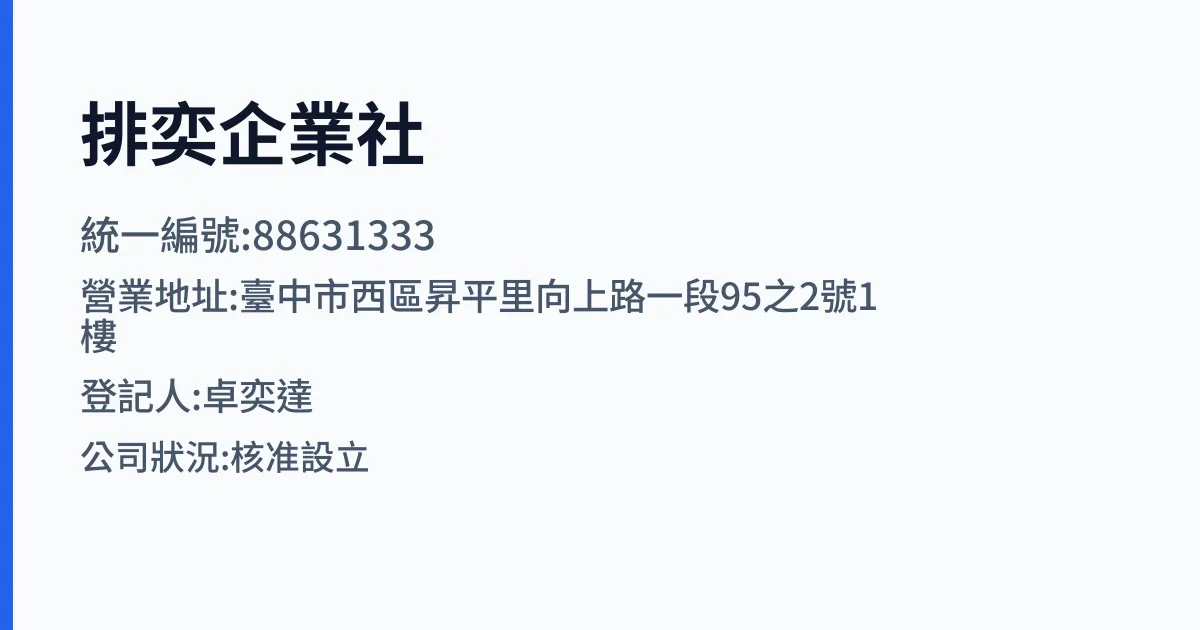 排奕企業社 - 統編 88631333（臺中市） 公司登記資料與營業項目詳細圖表