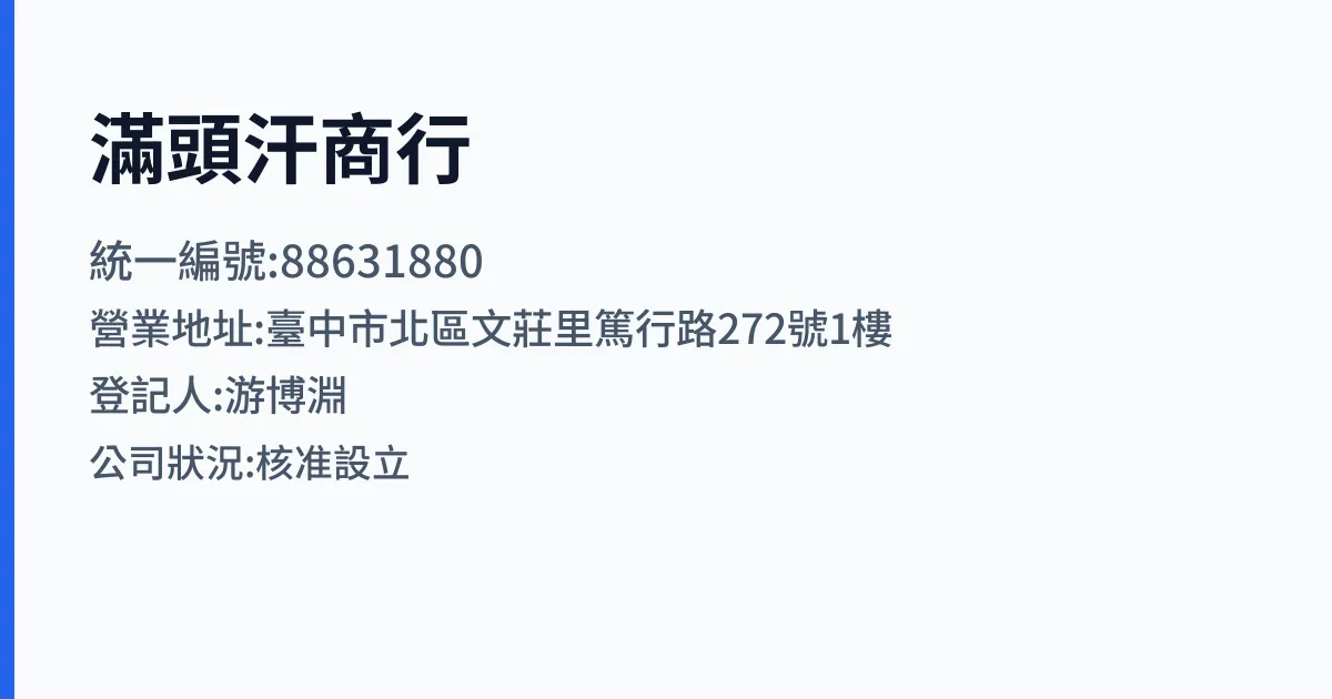 滿頭汗商行 - 統編 88631880(臺中市) 公司登記資料與營業項目詳細圖表