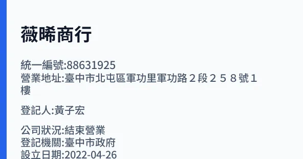 薇晞商行的照片-統編 88631925(臺中市) 公司登記資料與營業項目詳細圖表