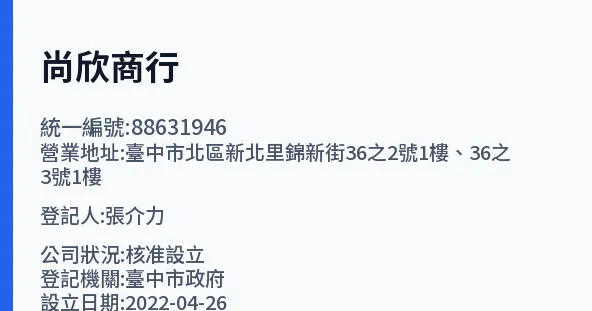 尚欣商行的照片-統編 88631946(臺中市) 公司登記資料與營業項目詳細圖表