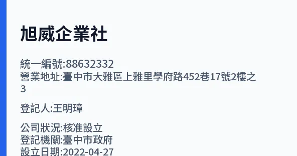 旭威企業社的照片-統編 88632332(臺中市) 公司登記資料與營業項目詳細圖表