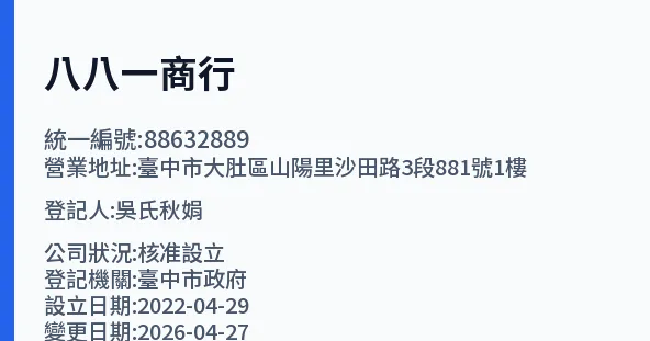 八八一商行的照片-統編 88632889(臺中市) 公司登記資料與營業項目詳細圖表