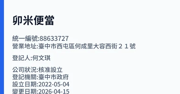 卯米便當的照片-統編 88633727(臺中市) 公司登記資料與營業項目詳細圖表