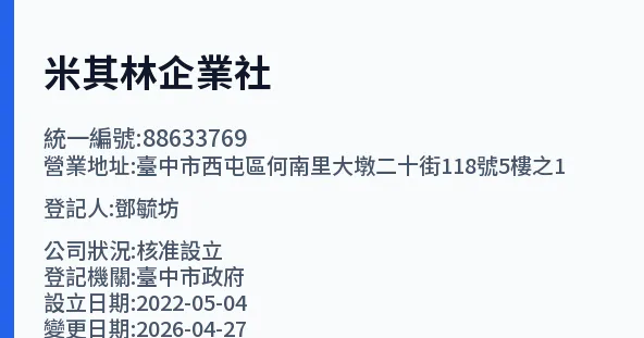 米其林企業社的照片-統編 88633769(臺中市) 公司登記資料與營業項目詳細圖表