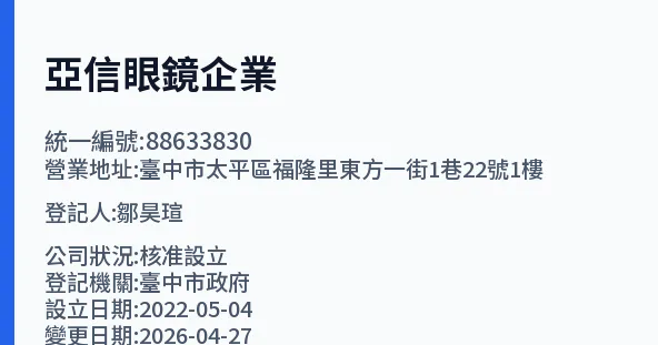亞信眼鏡企業的照片-統編 88633830(臺中市) 公司登記資料與營業項目詳細圖表