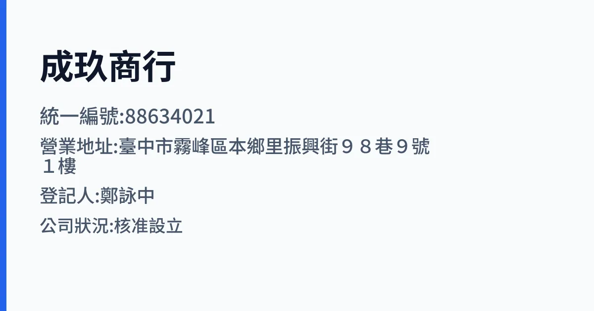 成玖商行 - 統編 88634021(臺中市) 公司登記資料與營業項目詳細圖表