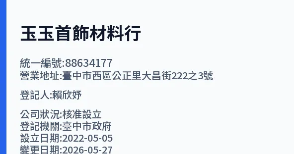 玉玉首飾材料行的照片-統編 88634177(臺中市) 公司登記資料與營業項目詳細圖表