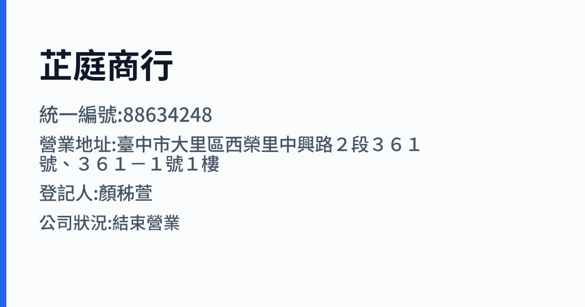 芷庭商行 - 統編 88634248(臺中市) 公司登記資料與營業項目詳細圖表