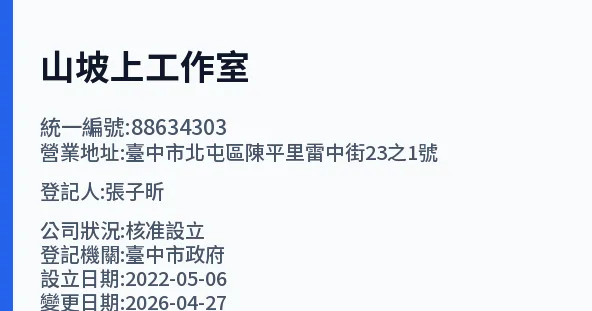 山坡上工作室的照片-統編 88634303(臺中市) 公司登記資料與營業項目詳細圖表