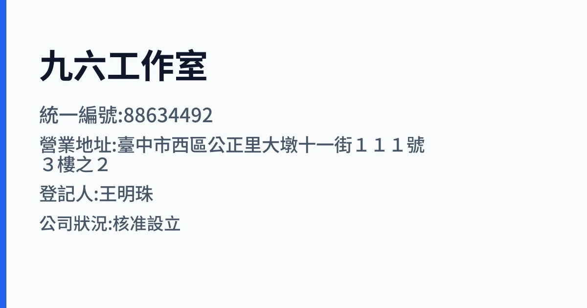 九六工作室 - 統編 88634492(臺中市) 公司登記資料與營業項目詳細圖表