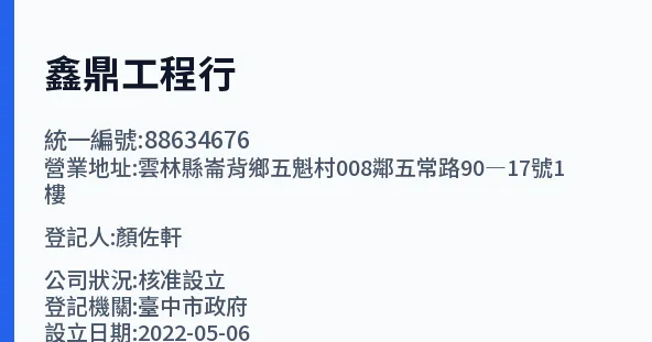 鑫鼎工程行的照片-統編 88634676(雲林縣) 公司登記資料與營業項目詳細圖表