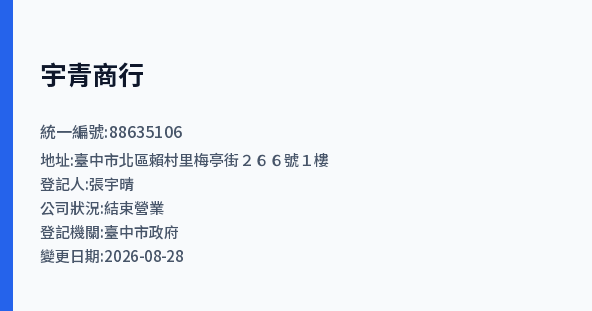 宇青商行的照片-統編 88635106(臺中市) 公司登記資料與營業項目詳細圖表