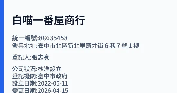 白喵一番屋商行的照片-統編 88635458(臺中市) 公司登記資料與營業項目詳細圖表
