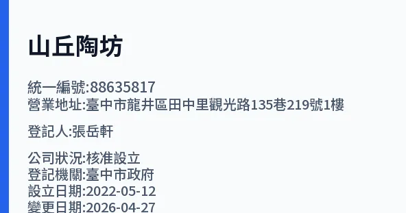 山丘陶坊的照片-統編 88635817(臺中市) 公司登記資料與營業項目詳細圖表