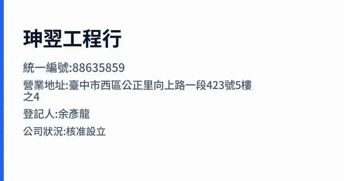 珅翌工程行 - 統編 88635859(臺中市) 公司登記資料與營業項目詳細圖表