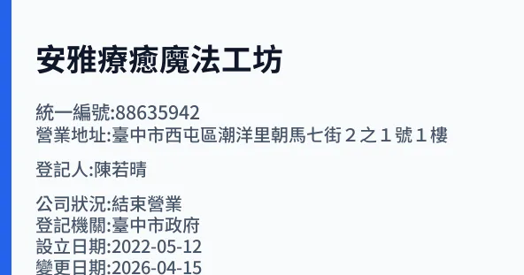 安雅療癒魔法工坊的照片-統編 88635942(臺中市) 公司登記資料與營業項目詳細圖表