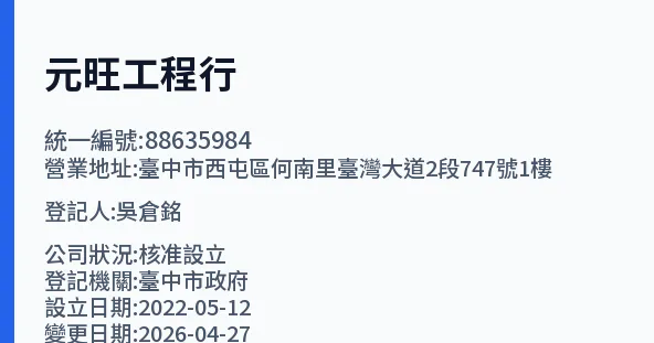 元旺工程行的照片-統編 88635984(臺中市) 公司登記資料與營業項目詳細圖表