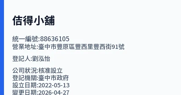 佶得小舖的照片-統編 88636105(臺中市) 公司登記資料與營業項目詳細圖表