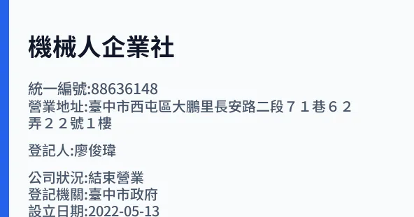 機械人企業社的照片-統編 88636148(臺中市) 公司登記資料與營業項目詳細圖表