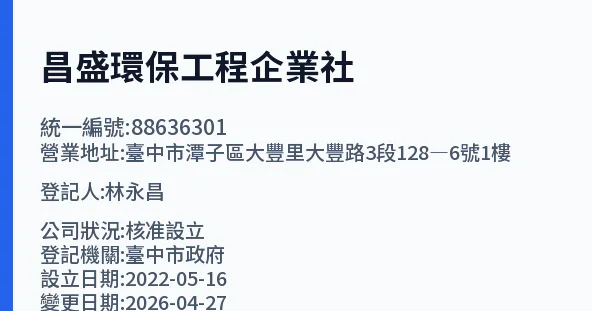 昌盛環保工程企業社的照片-統編 88636301(臺中市) 公司登記資料與營業項目詳細圖表