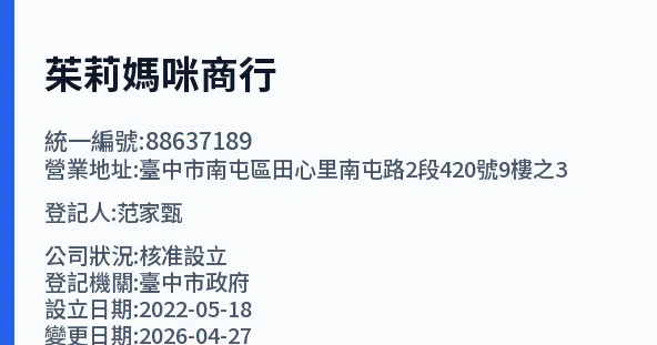 茱莉媽咪商行的照片-統編 88637189(臺中市) 公司登記資料與營業項目詳細圖表