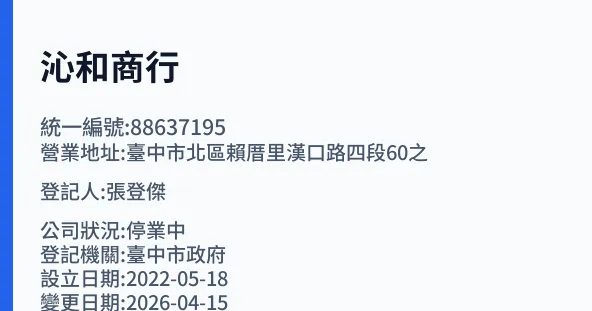 沁和商行的照片-統編 88637195(臺中市) 公司登記資料與營業項目詳細圖表