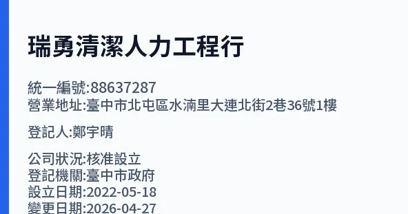 瑞勇清潔人力工程行的照片-統編 88637287(臺中市) 公司登記資料與營業項目詳細圖表