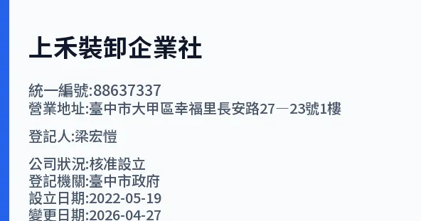 上禾裝卸企業社的照片-統編 88637337(臺中市) 公司登記資料與營業項目詳細圖表