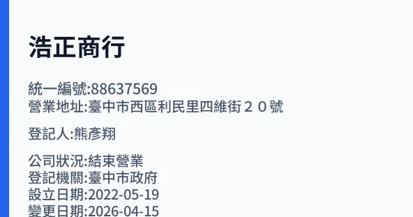 浩正商行的照片-統編 88637569(臺中市) 公司登記資料與營業項目詳細圖表