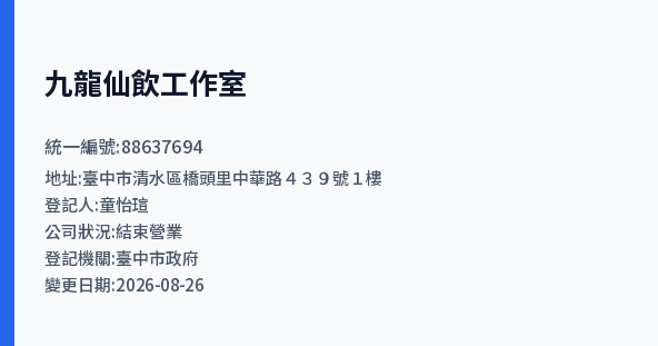 九龍仙飲工作室的照片-統編 88637694(臺中市) 公司登記資料與營業項目詳細圖表