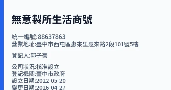 無意製所生活商號的照片-統編 88637863(臺中市) 公司登記資料與營業項目詳細圖表
