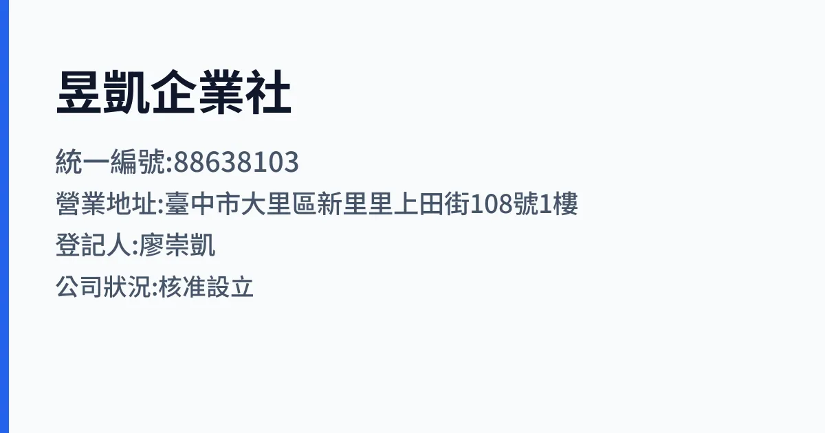 昱凱企業社 - 統編 88638103(臺中市) 公司登記資料與營業項目詳細圖表