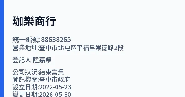 珈樂商行的照片-統編 88638265(臺中市) 公司登記資料與營業項目詳細圖表