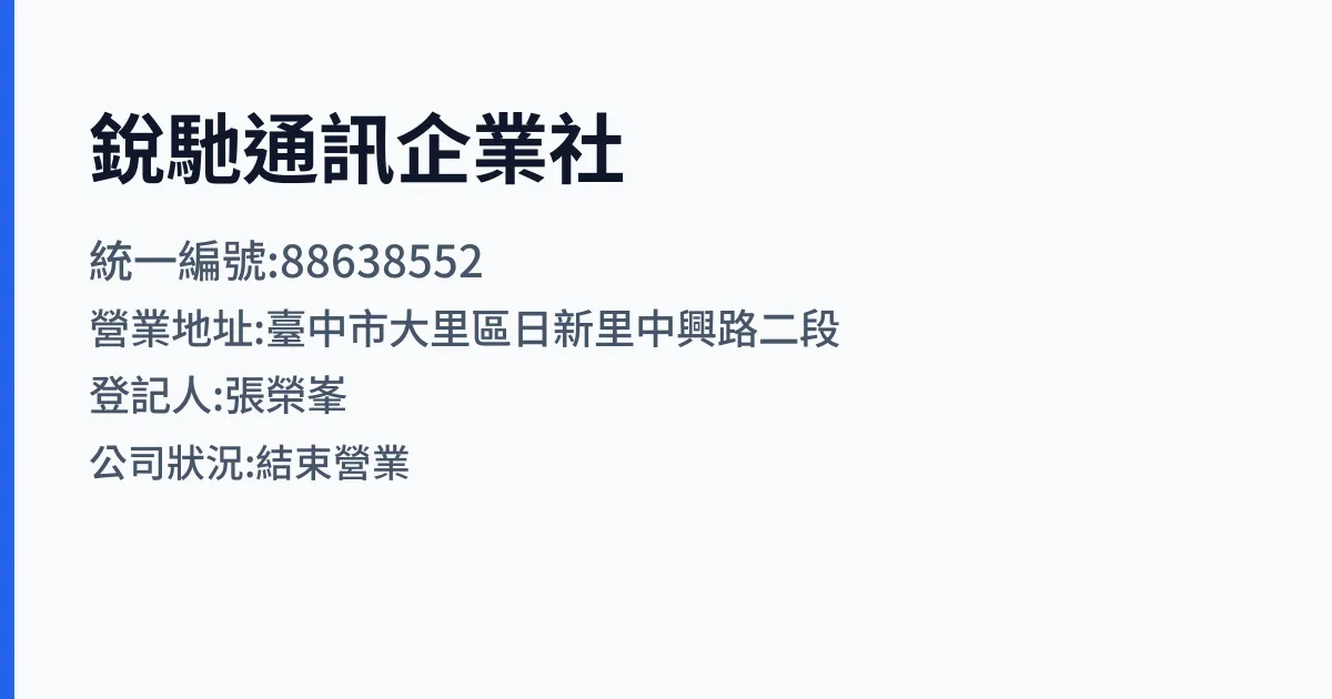 銳馳通訊企業社 - 統編 88638552(臺中市) 公司登記資料與營業項目詳細圖表
