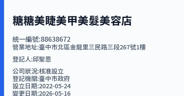 糖糖美睫美甲美髮美容店的照片-統編 88638672(臺中市) 公司登記資料與營業項目詳細圖表