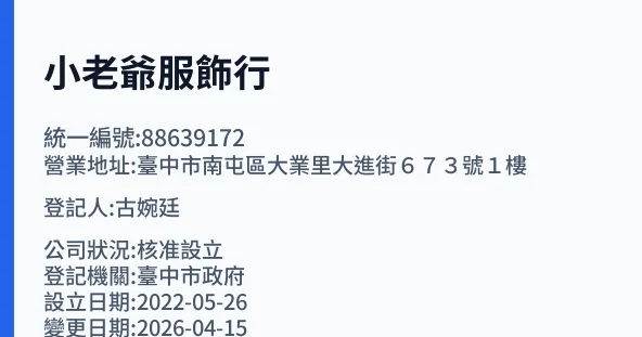 小老爺服飾行的照片-統編 88639172(臺中市) 公司登記資料與營業項目詳細圖表